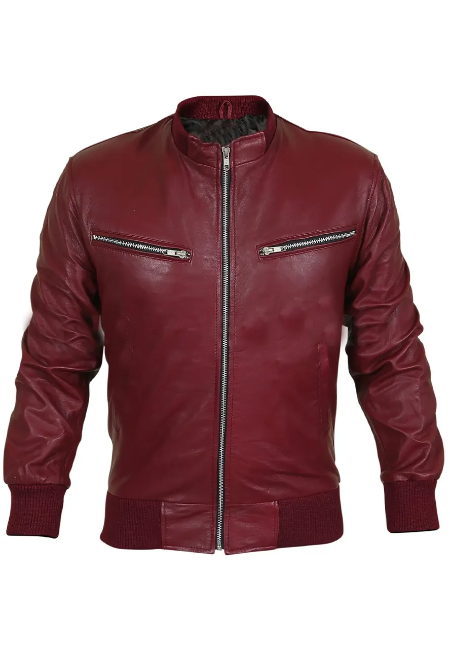 Mens Faux Leather Maroon Bomber Jacket