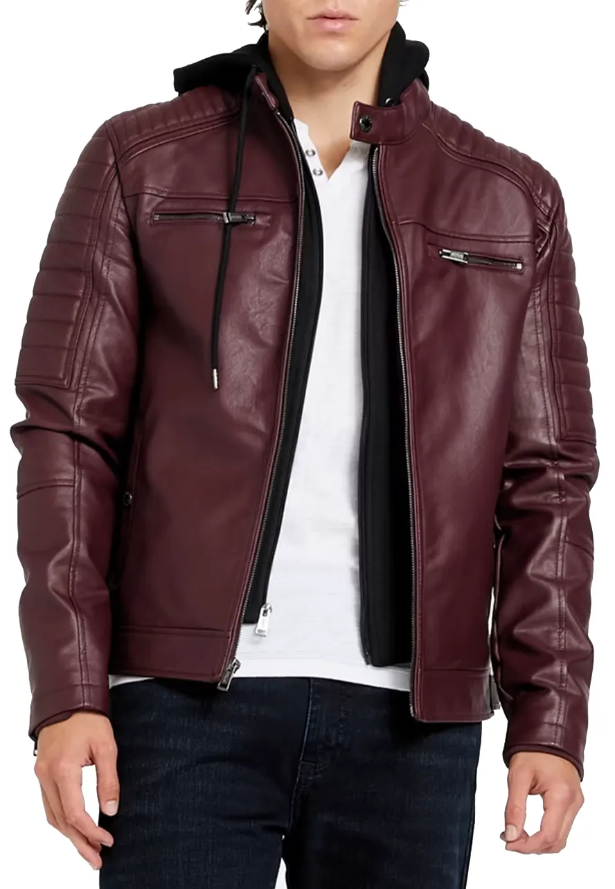 Men's Quilted Maroon Faux Leather Jacket With Removable Hood