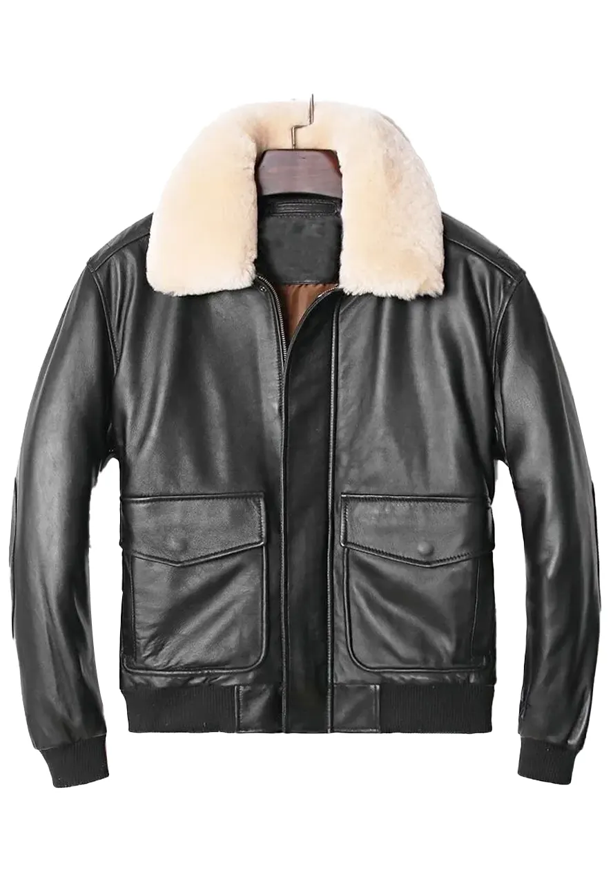 Men's Detachable Fur Collar Black Faux Leather Bomber Jacket
