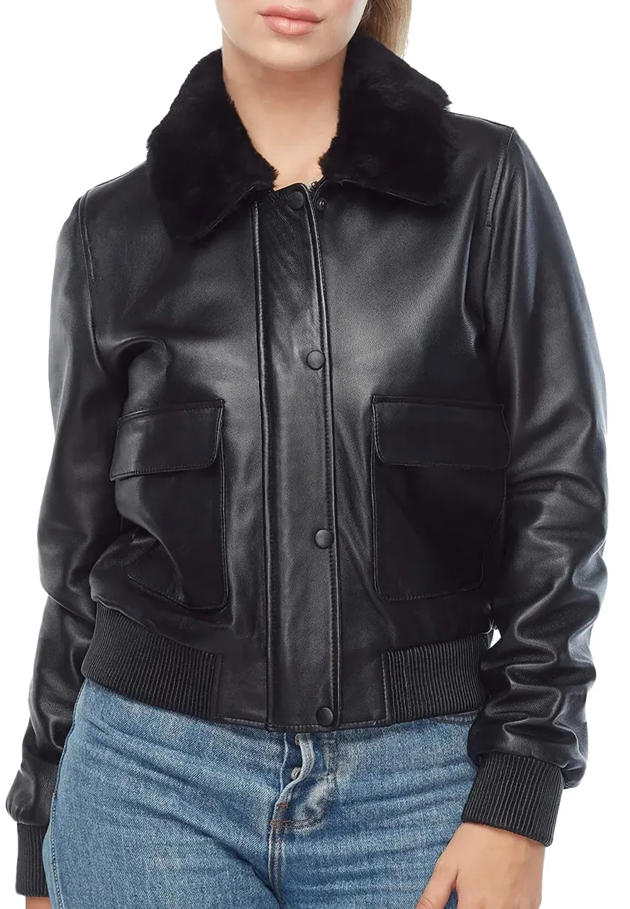 Women's Fur Collar Jet Black Bomber Faux Leather Jacket